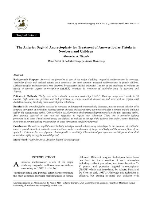 The Anterior Sagittal Anorectoplasty for Treatment of Ano-vestibular ...