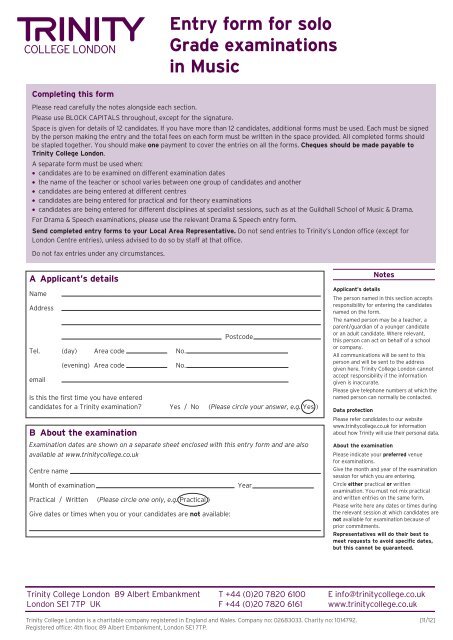 Music Grade Entry Form - Trinity College London
