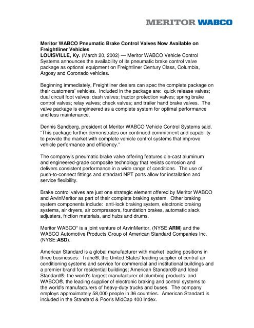 Meritor WABCO Pneumatic Brake Control Valves Now Available on ...
