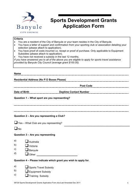 Sports Development Grants Application Form - Banyule City Council