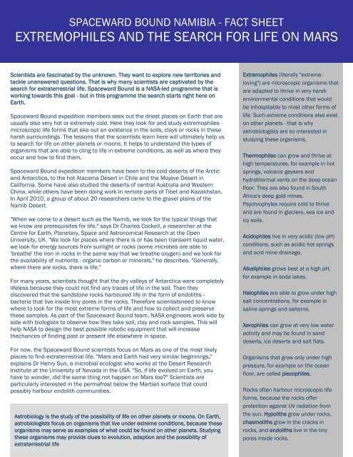 EXTREMOPHILES AND THE SEARCH FOR LIFE ON MARS