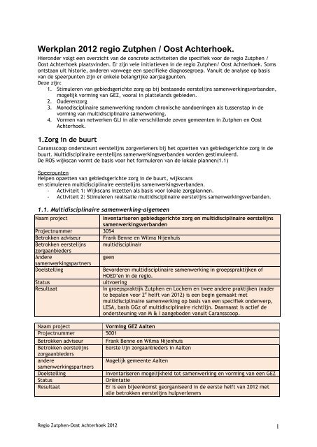 Werkplan 2012 regio Zutphen / Oost Achterhoek. - Caransscoop