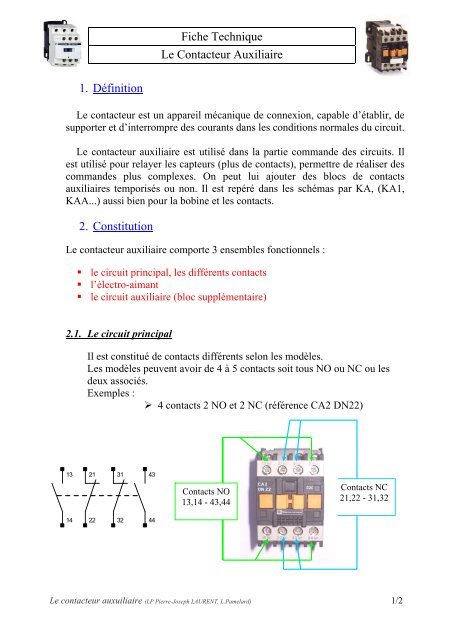 Fiche Technique Le Contacteur Auxiliaire 1. DÃ©finition 2. Constitution
