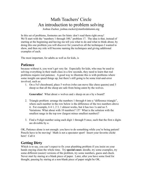 Introduction to Problem Solving - Math Teachers' Circles Introduction to Problem Solving - Math Teachers' Circles