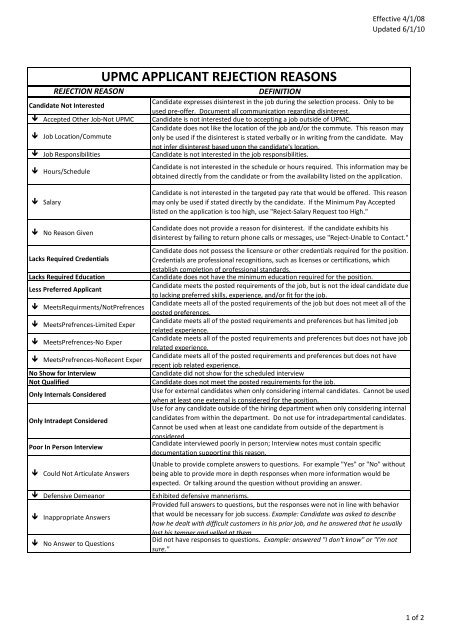 Rejection Reasons and Definitions - Manager List 6.1 ... - UPMC.com