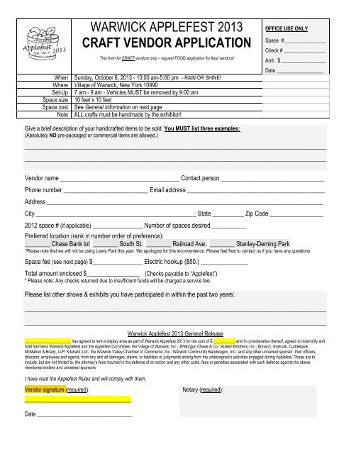 WARWICK APPLEFEST 2013 CRAFT VENDOR APPLICATION