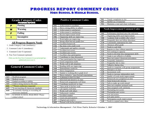PROGRESS REPORT COMMENT CODES - Fall River Public Schools