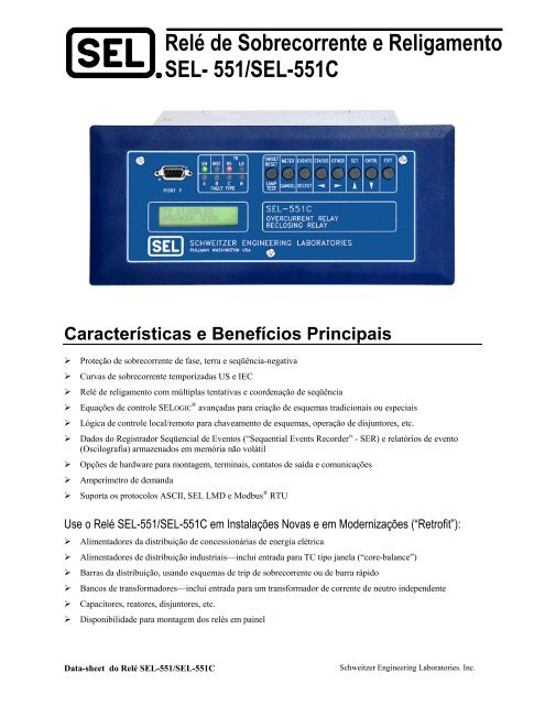 RelÃ© de Sobrecorrente e Religamento SEL- 551/SEL-551C
