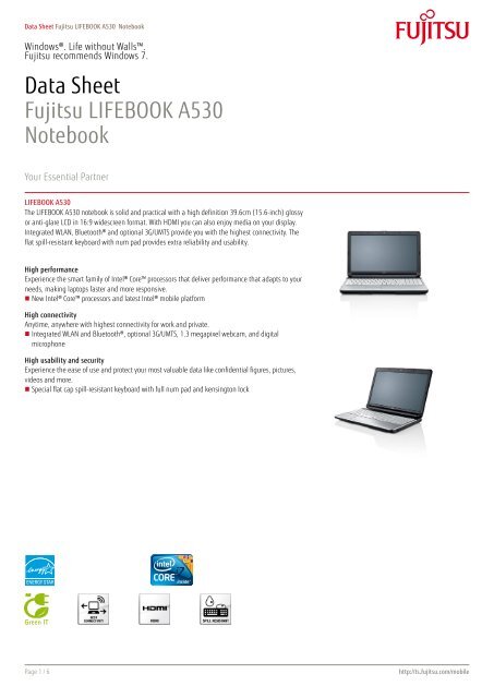 Data Sheet Fujitsu LIFEBOOK A530 Notebook