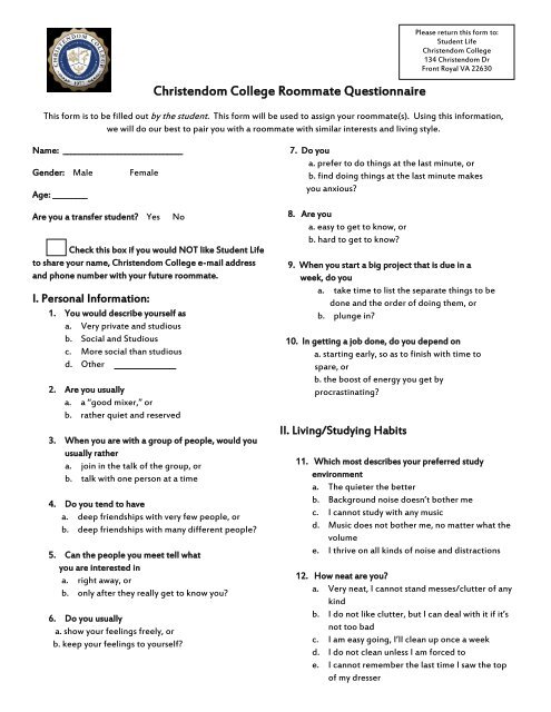 Christendom College Roommate Questionnaire
