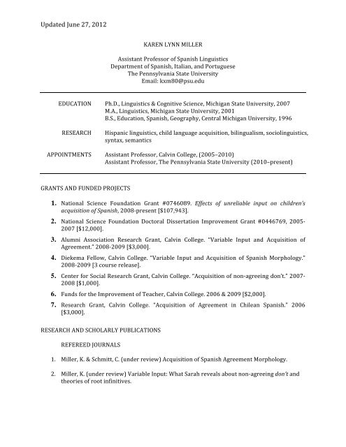 Karen Miller CV - Center for Language Science - Penn State University