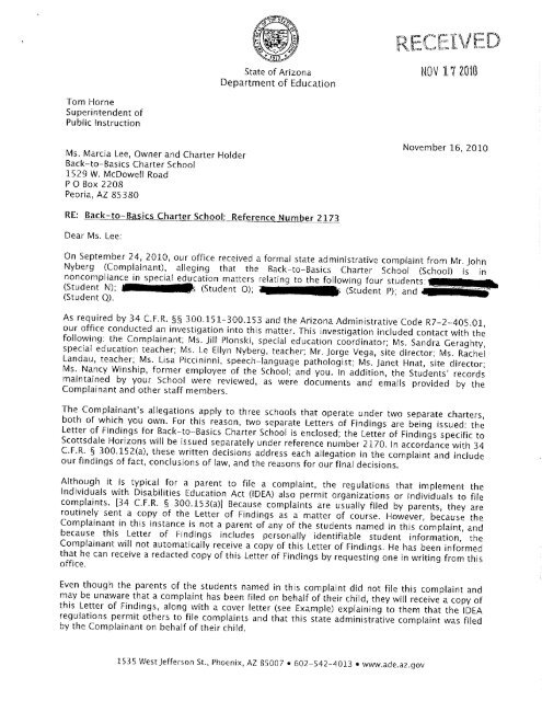 Letter of Findings - Arizona State Board for Charter Schools