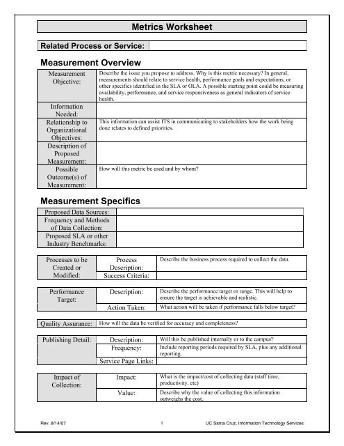 Metrics Worksheet - Information Technology Services