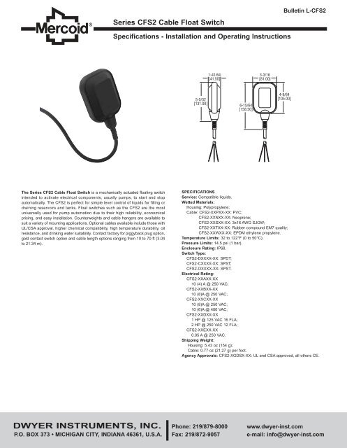 Series CFS2 Cable Float Switch - Dwyer Instruments, Inc.