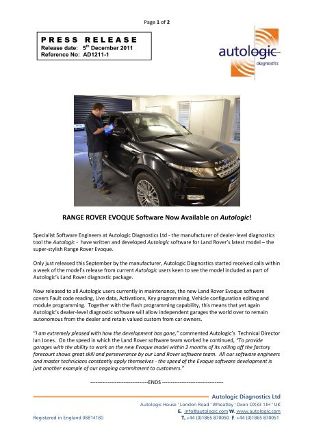 Range Rover Evoque Software Available On - Autologic-Diagnostics