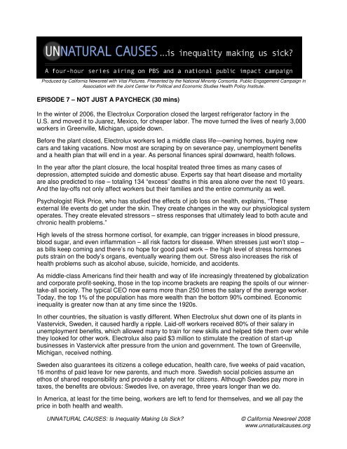 EPISODE 7 – NOT JUST A PAYCHECK (30 ... - Unnatural Causes