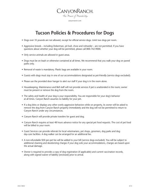 dog policy - Canyon Ranch