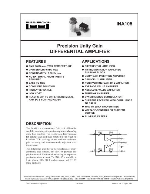 Precision Unity Gain DIFFERENTIAL AMPLIFIER INA105
