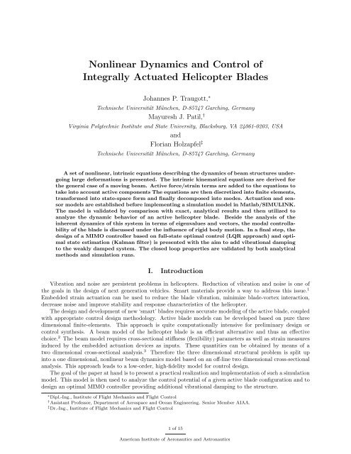 Nonlinear Dynamics and Control of Integrally Actuated Helicopter ...
