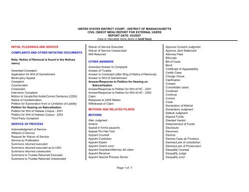 DISTRICT OF MASSACHUSETTS CIVIL CM/ECF MENU REPORT ...