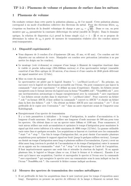 TP 1-2 : Plasmons de volume et plasmons de surface dans les ...