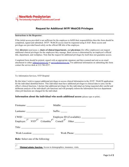 Request for Additional iNYP/ WebCIS Privileges Information about ...