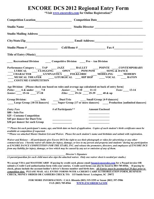 2012 entry form - Encore Dance Competitions