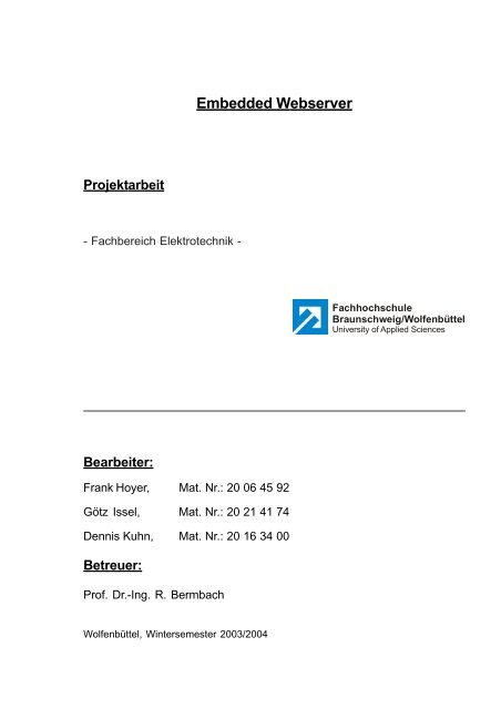 Dokumentation der Projektarbeit (schriftliche Ausarbeitung)