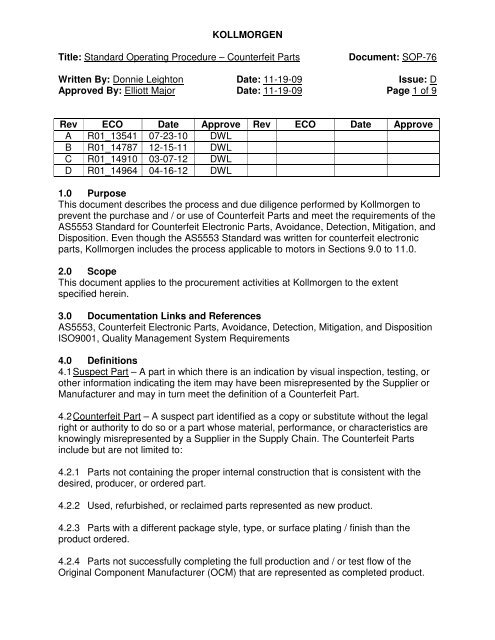 Standard Operating Procedure - Counterfeit Parts - Kollmorgen