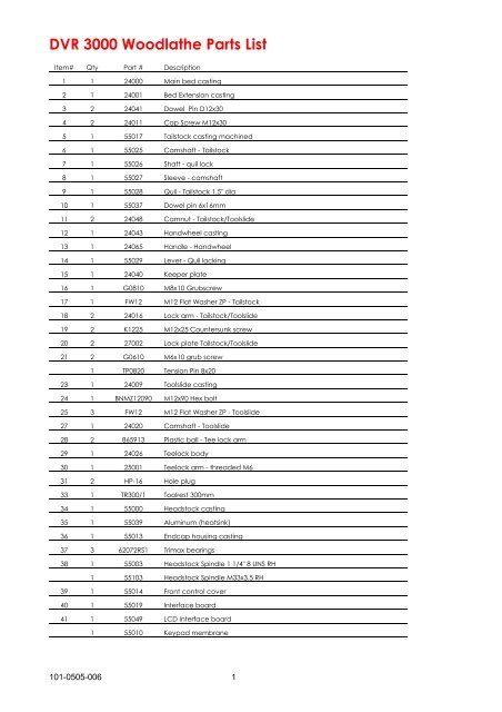 DVR 3000 Woodlathe Parts List - Teknatool