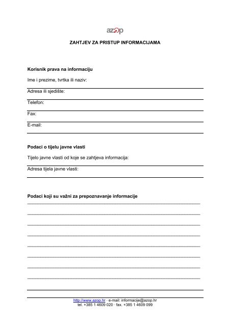 Obrazac zahtjeva za pristup informacijama