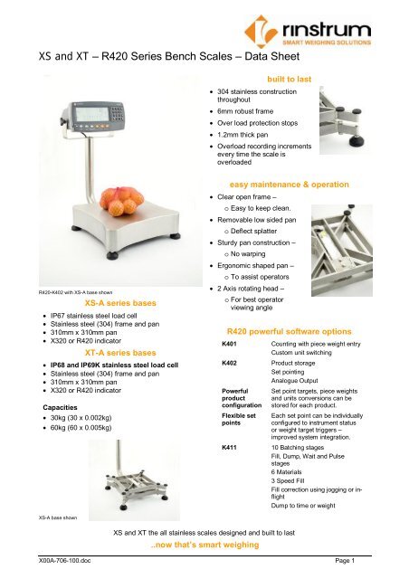 XS and XT – R420 Series Bench Scales – Data Sheet - Rinstrum