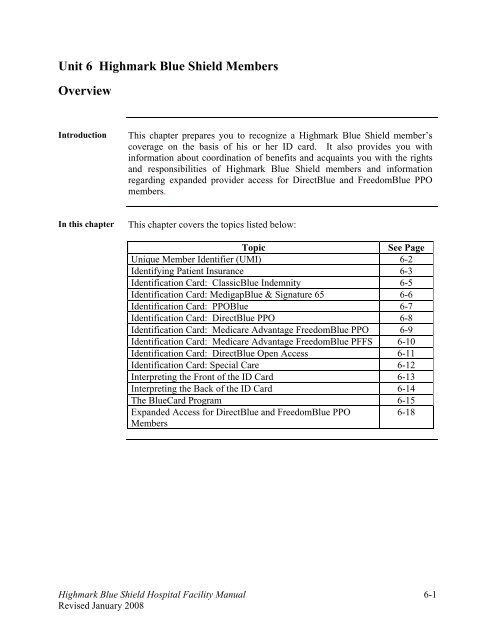 Unit 6 Sample Identification Card - Highmark Blue Shield