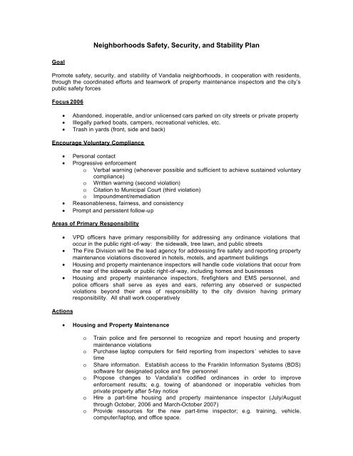 Neighborhoods Safety, Security, and Stability Plan - Vandalia