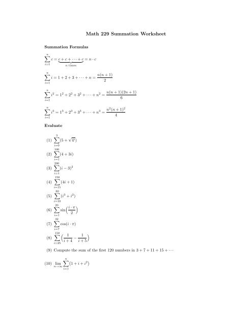 Math 229 Summation Worksheet