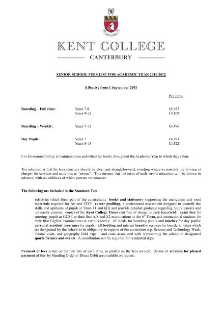 SENIOR SCHOOL FEES LIST FOR ACADEMIC ... - Kent College