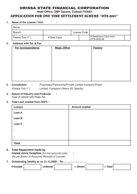 application for one time settlement scheme “ots-2007” - OSFC