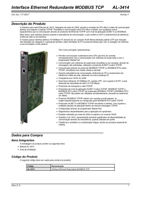 Interface Ethernet Redundante MODBUS TCP AL-3414 - Altus