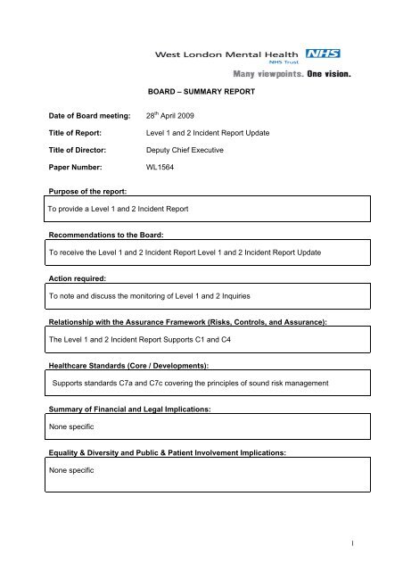Level 1 and 2 Incident Report Update - West London Mental Health ...