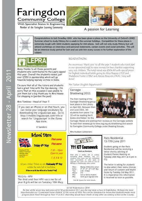 Newsletter 28 - April 2011 - Faringdon Community College