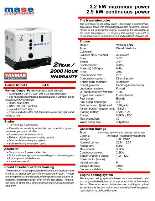 Specifications/Product Brochure - Mase Generators of North America