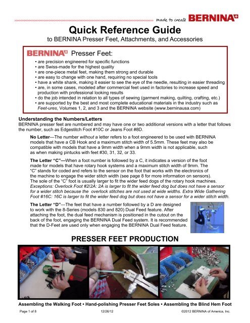 BERNINA Quick Guide to Presser Feet - The Quilt Store