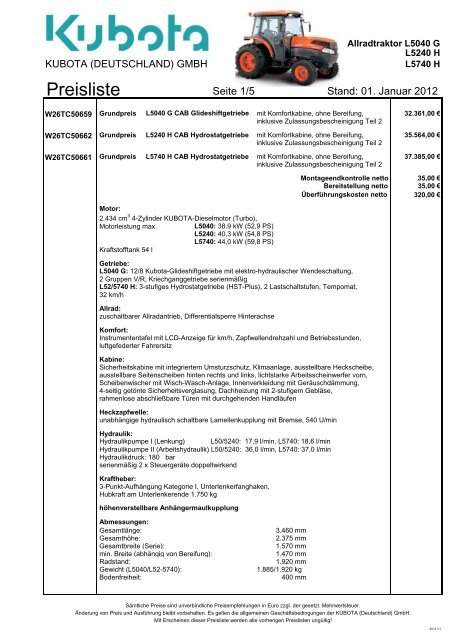 Preisliste Kubota Traktoren