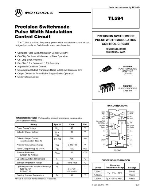 TL594 Precision Switchmode Pulse Width Modulation Control Circuit