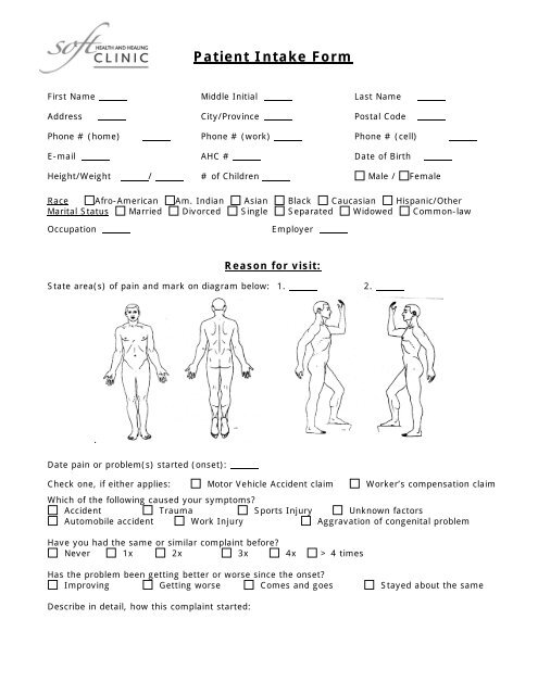 Patient Intake Form - Soft Health and Healing Clinic