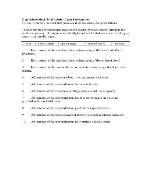 High School Mock Trial Rubric - Team Participation