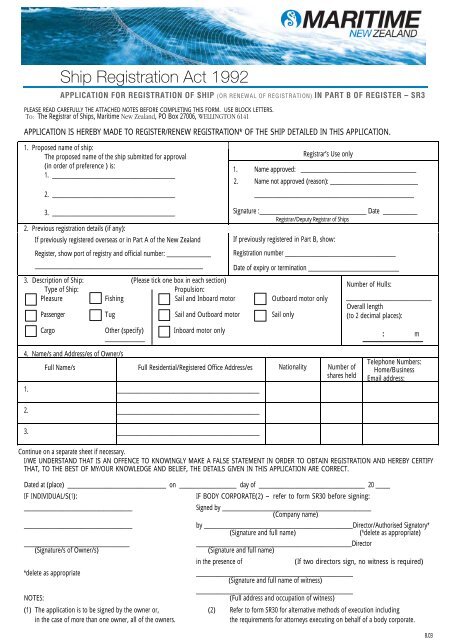 Application for Registration of Ship - Maritime New Zealand
