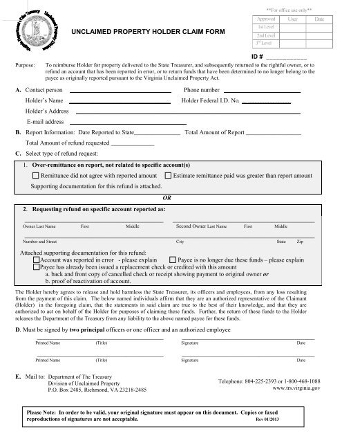 Holder Claim Form, PDF - Virginia Department of the Treasury