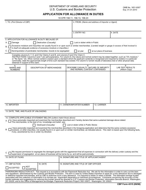 CBP Form 4315 - Forms