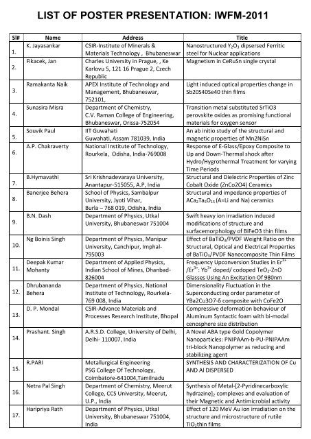 LIST OF POSTER PRESENTATION: IWFM-2011 - NIST